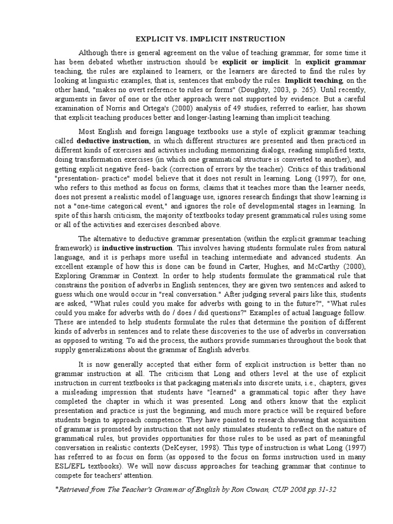 Explicit vs. Implicit Grammar Instruction | PDF