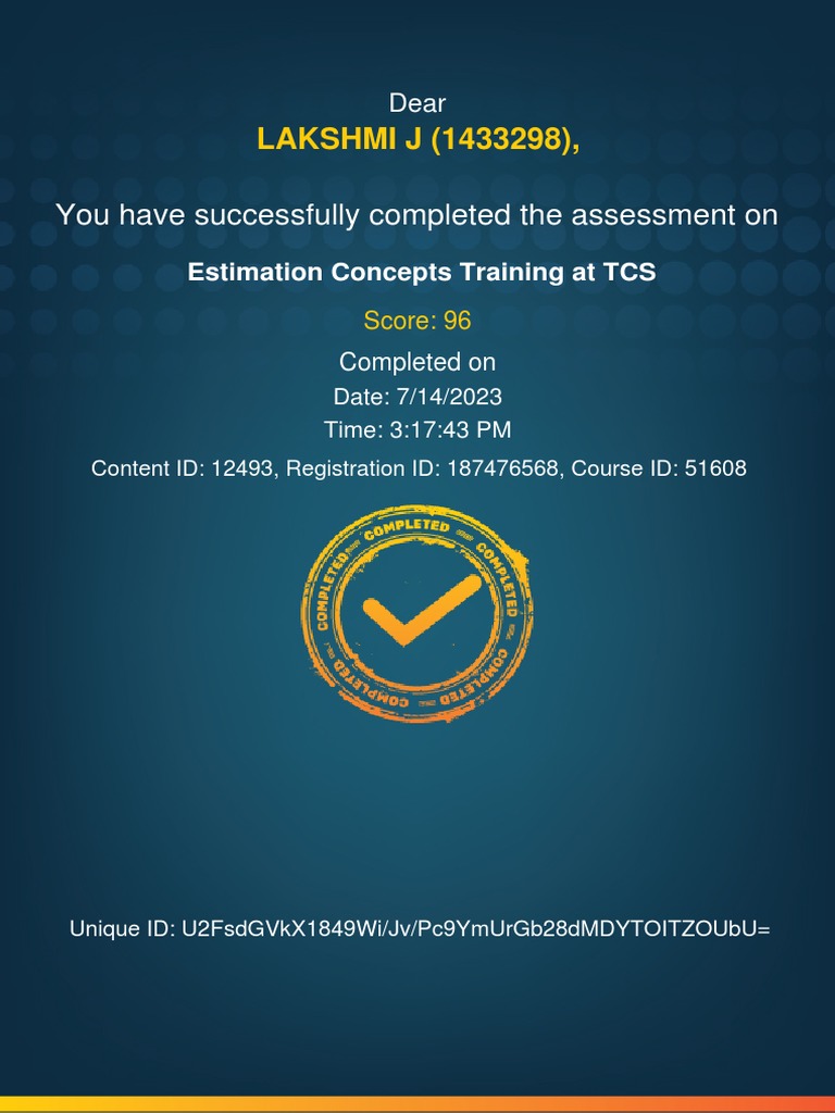 Estimation Concepts Training at TCS - Completion - Certificate | PDF
