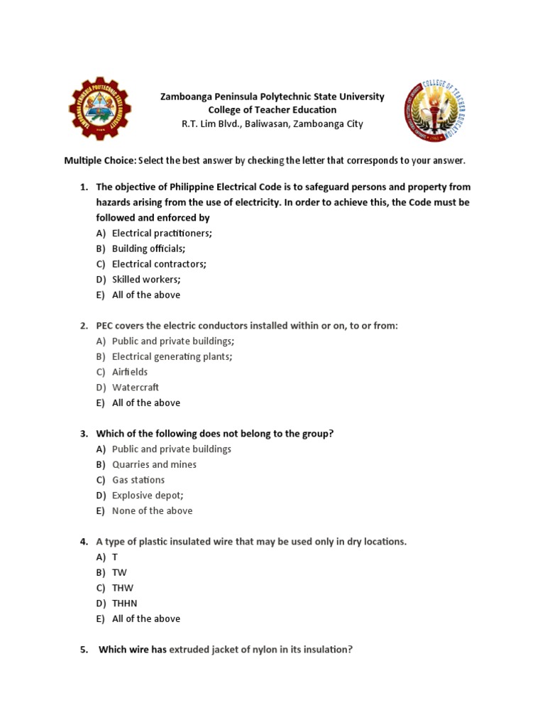 PEC Mid-Term - Final Exam | PDF | Electrical Wiring | Fuse (Electrical)