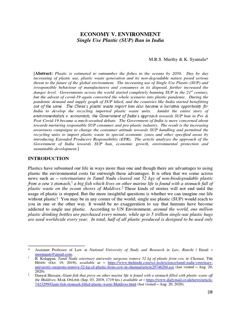 Single Use Plastic (SUP) Ban in India: Economy V. Environment | PDF ...