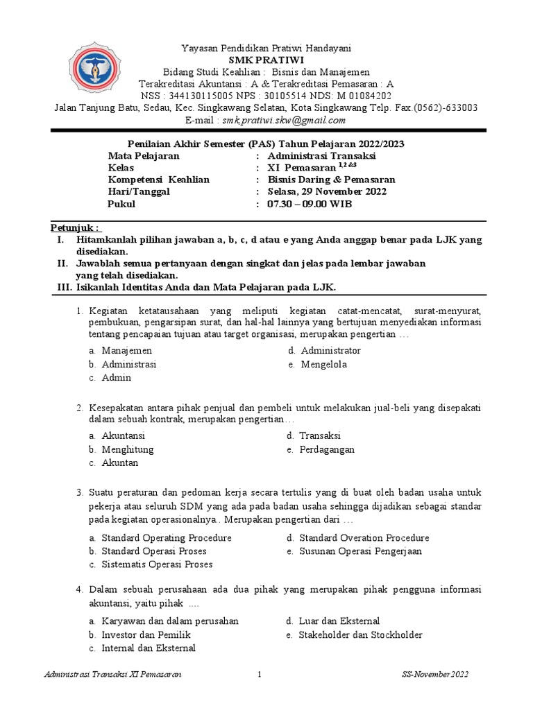 Soal AT UAS 2022-2023 (Ganjil) | PDF