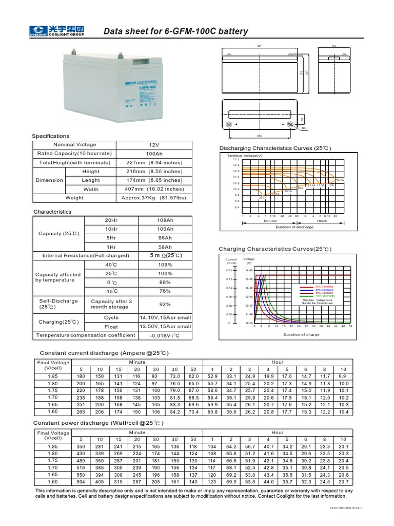 Data Sheet For 6-GFM-100C Battery: Specifications | PDF | Discharge (Hydrology) | Quantity