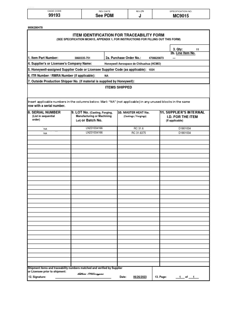 See PDM J MC9015: Item Identification For Traceability Form | PDF ...