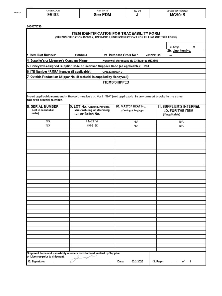 See PDM J MC9015: Item Identification For Traceability Form | PDF ...