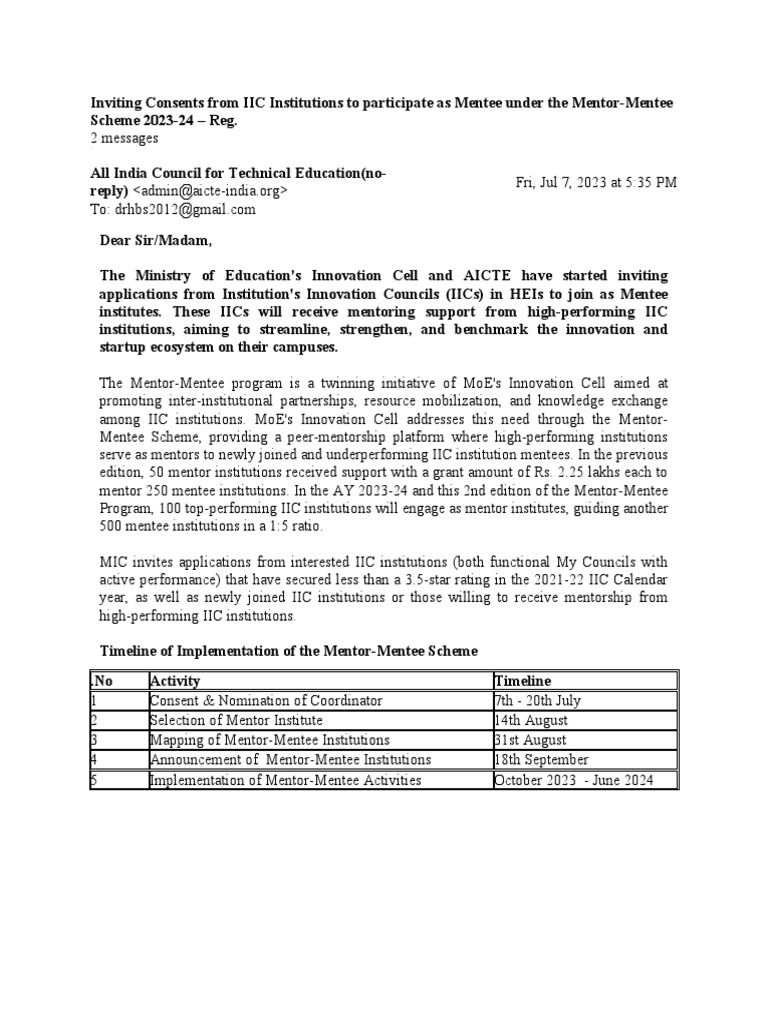 Inviting Consents From IIC Institutions To Participate As Mentee Under The Mentor | PDF | Mentorship