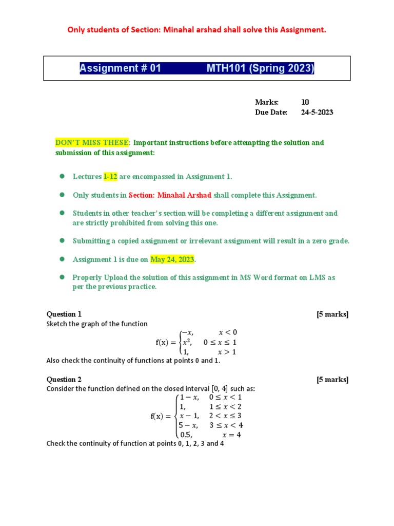 MTH101 Assignment 1 Minahal Arshad | PDF