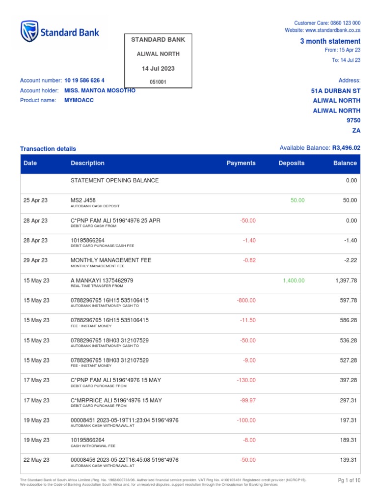 SBSA_Statement_2023-07-14_3months | PDF | Debit Card | Deposit Account