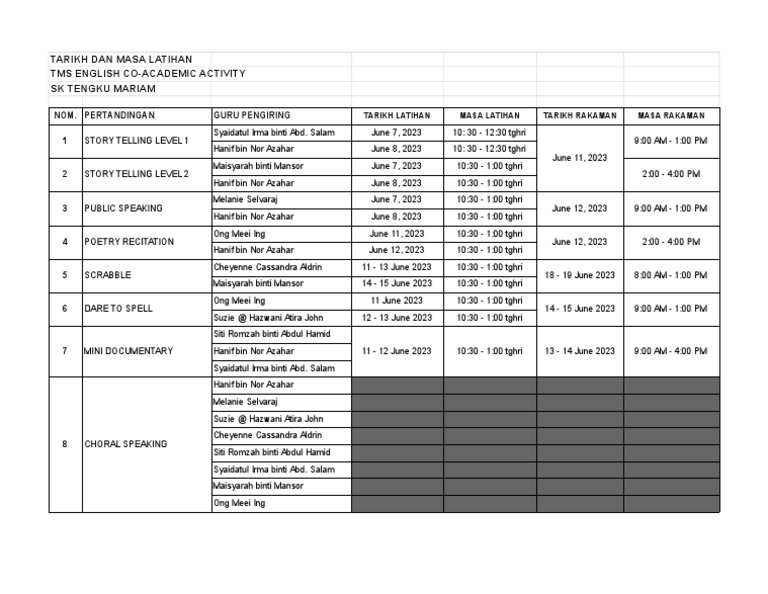 PIC English Co-Academic Activity - JADUAL LATIHAN | PDF