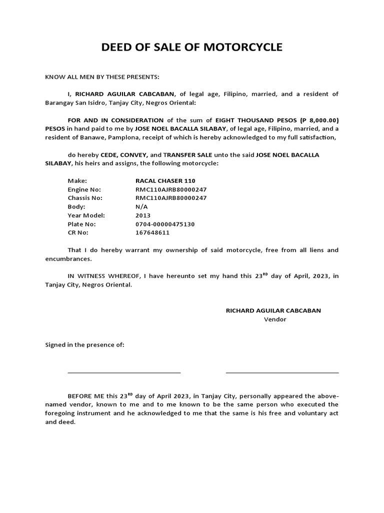 DEED OF SALE OF Motorcycle - Richard Aguilar Cabcaban | PDF