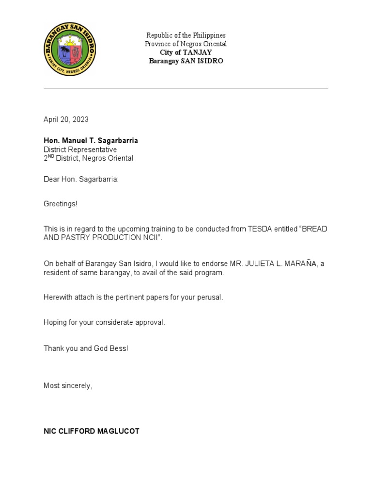 Endorsement Letter TESDA - NICK MAGLUCOT | PDF