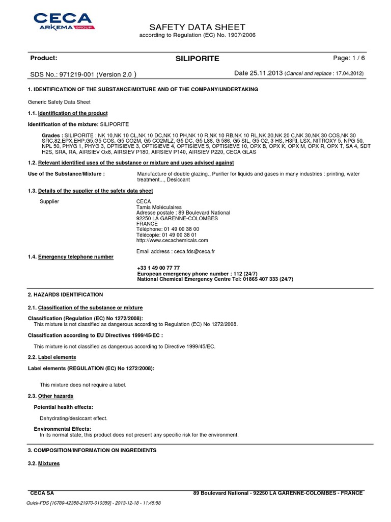 MSDS Siliporite Eng | PDF | Toxicity | Water