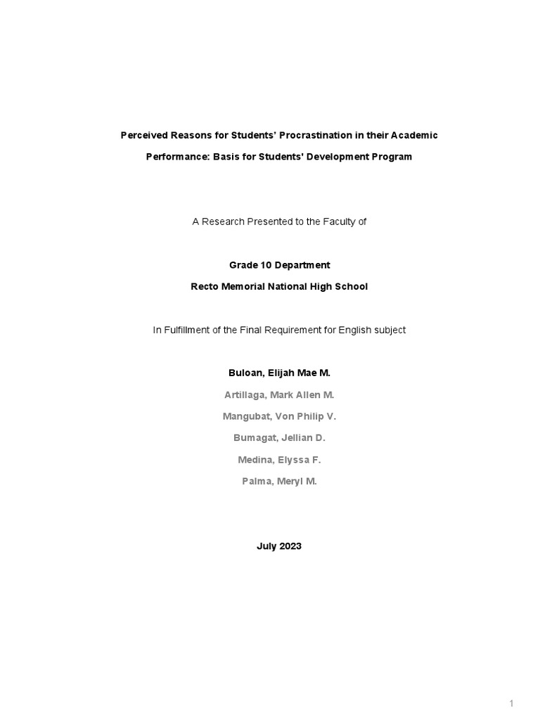 Perceived Reasons For Students' Procrastination in Their Academic Performance: Basis For ...