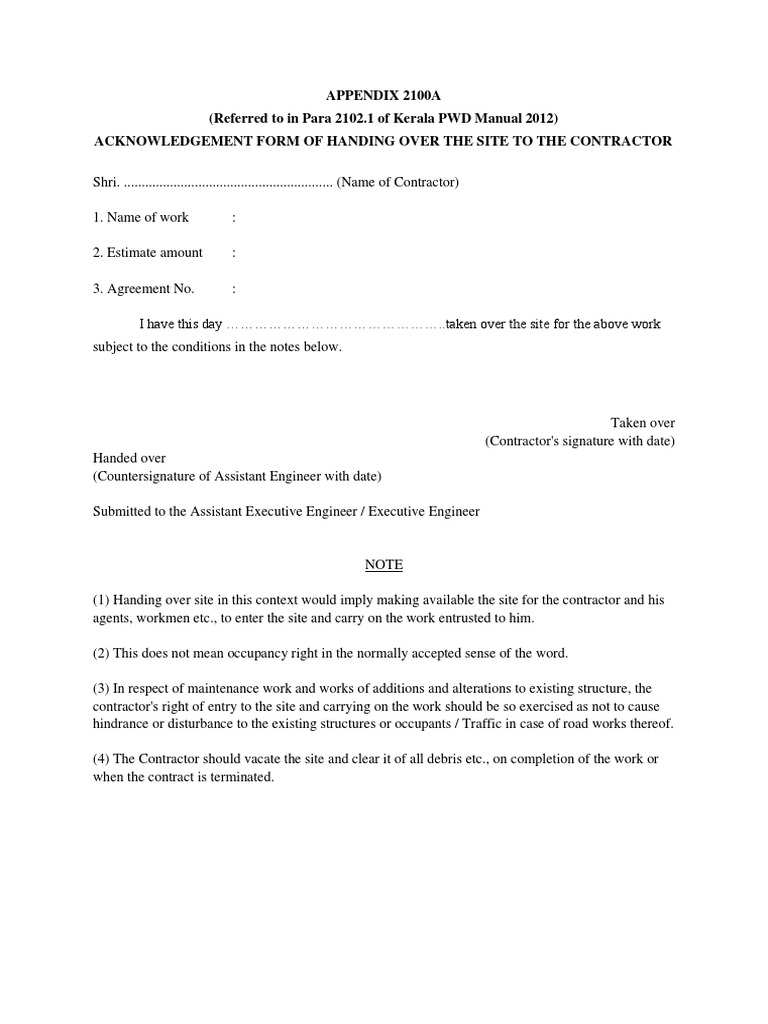 Site Handover Acknowledgement Form | PDF