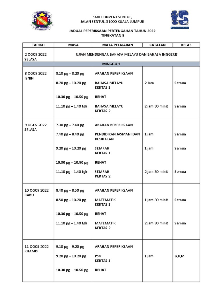 Jadual Peperiksaan SMK Convent Sentul | PDF