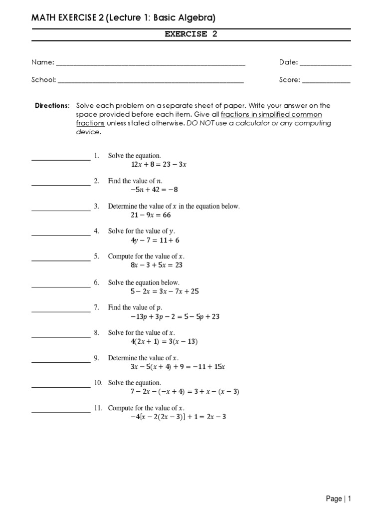 Questions Only - Pisay Math Exercise 2 - Basic Algebra | Download Free ...