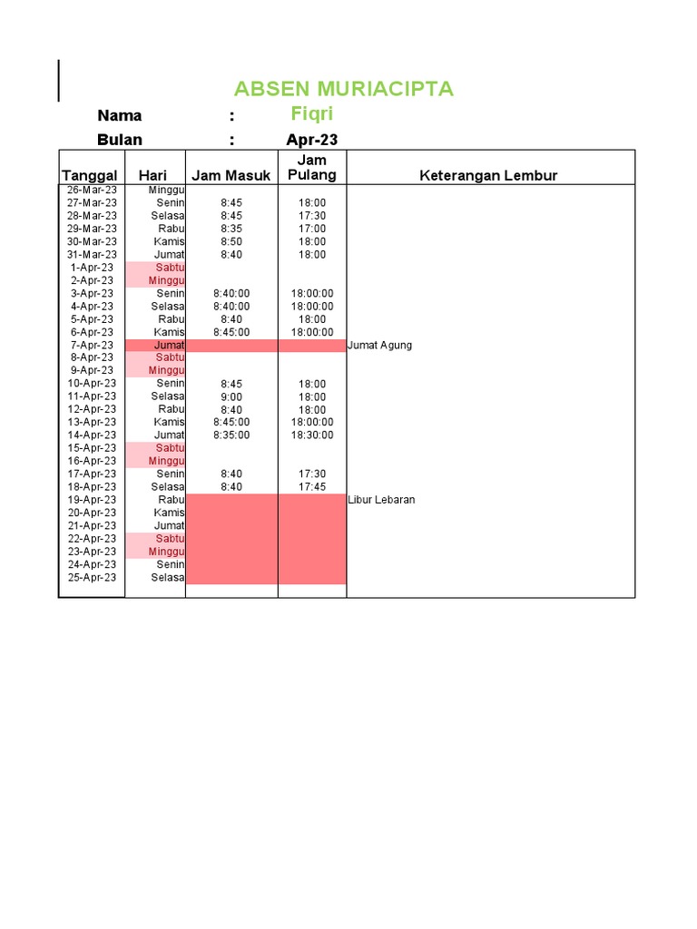 Fiqri's April Attendance Log | PDF