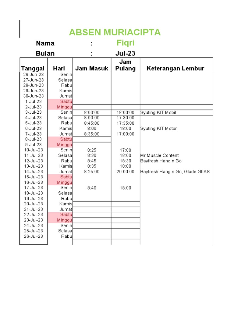 Format Absen Juli 2023 (Fiqri) | PDF