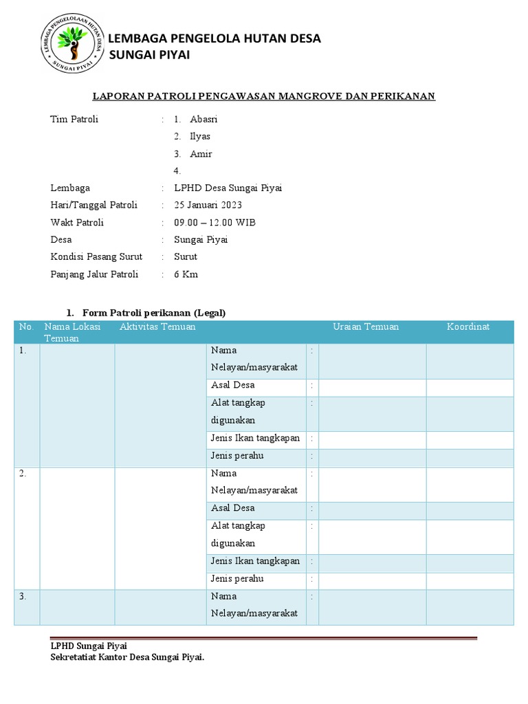 25-01-2023 LPHD Desa Sungai Piyai - Laporan Patroli Pengawasan Mangrove Dan Perikanan | PDF