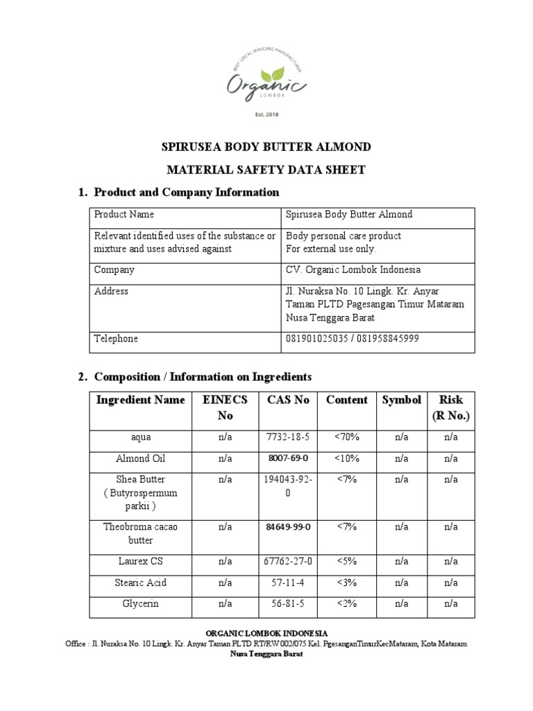 Msds Body Butter Almond | PDF