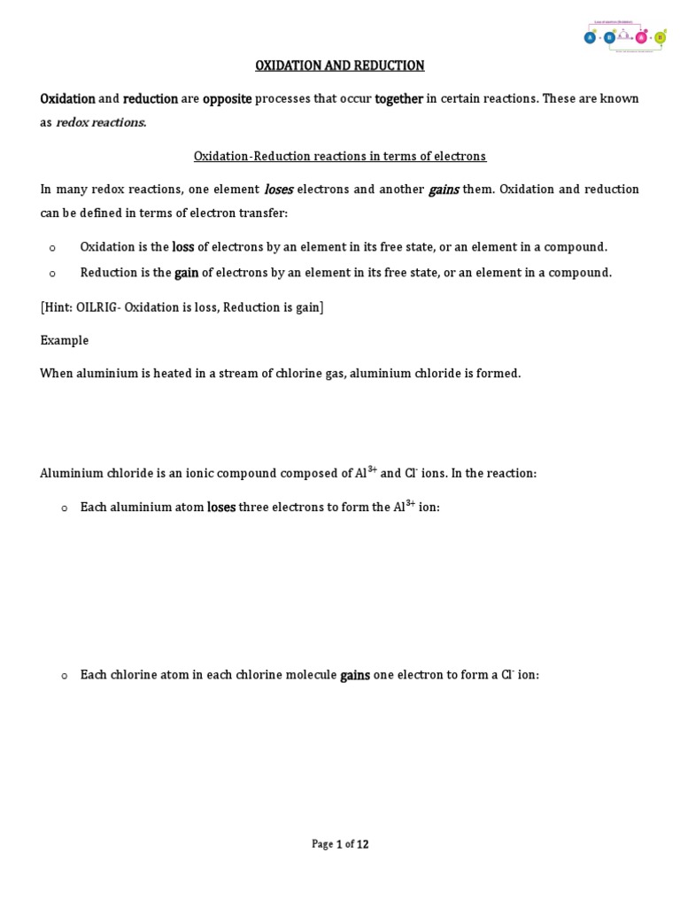 Oxidation and Reduction | PDF | Redox | Chemical Reactions