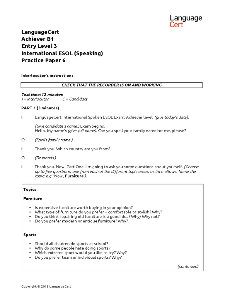 LanguageCert PP6 B1 IESOL Speaking | PDF | Career & Growth