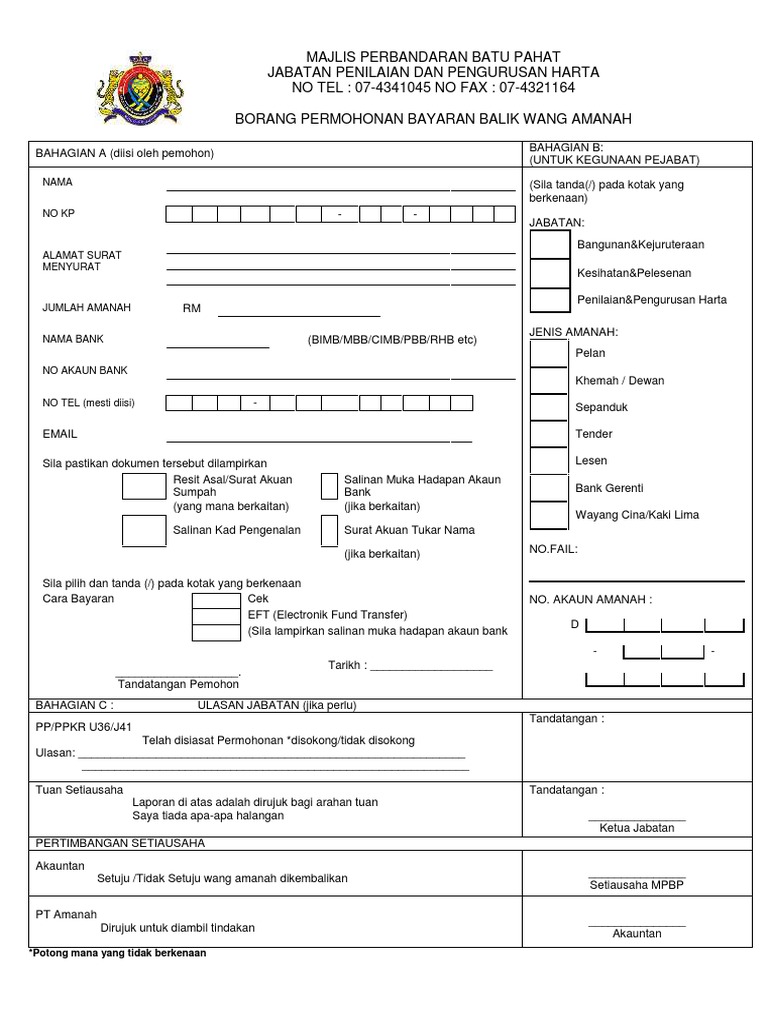 Borang Permohonan Bayaran Balik Wang Amanah Mpbp Johor Pdf