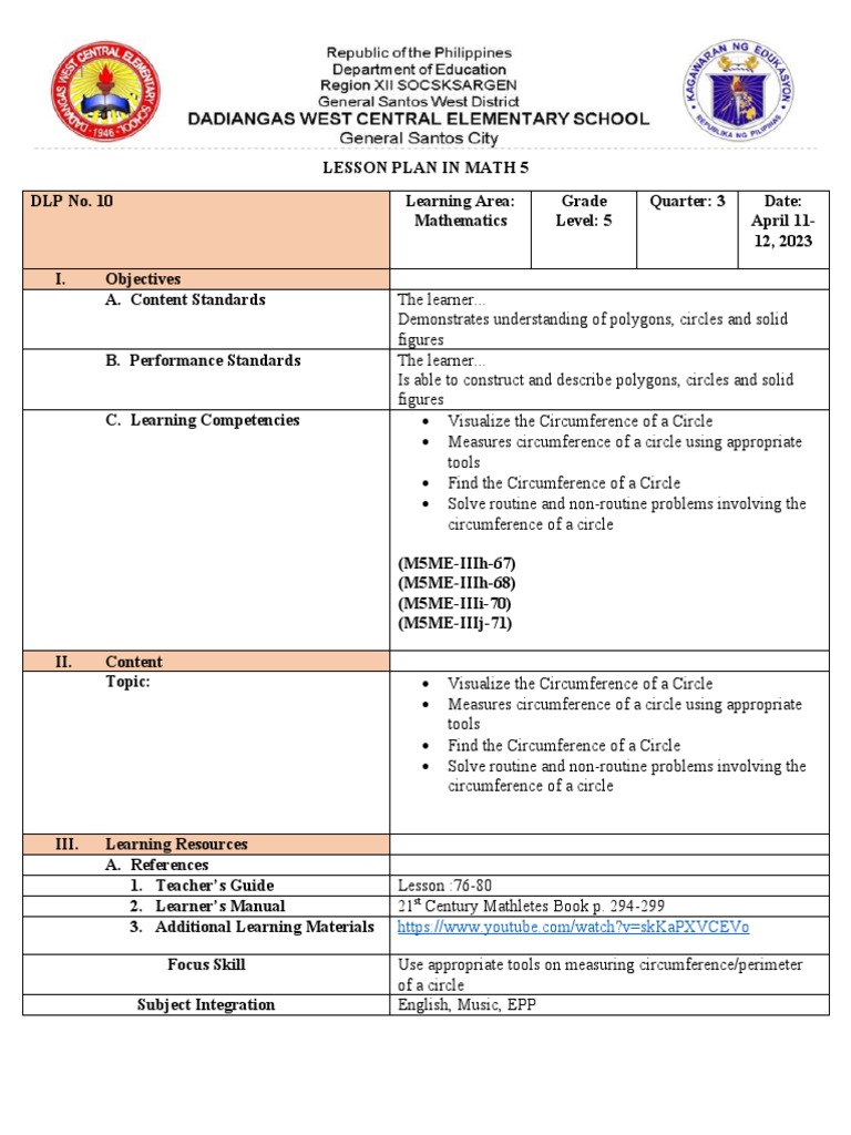 Lesson Plans in Math 5 | PDF | Circle | Learning