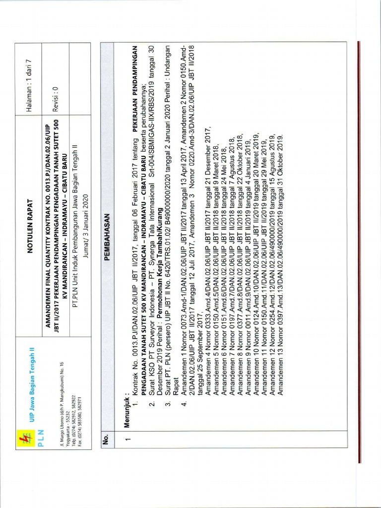 3 Januari 2020 - Notulen Rapat Amandemen Final Quantity Pendampingan Tanah Sutet Jawa Barat | PDF
