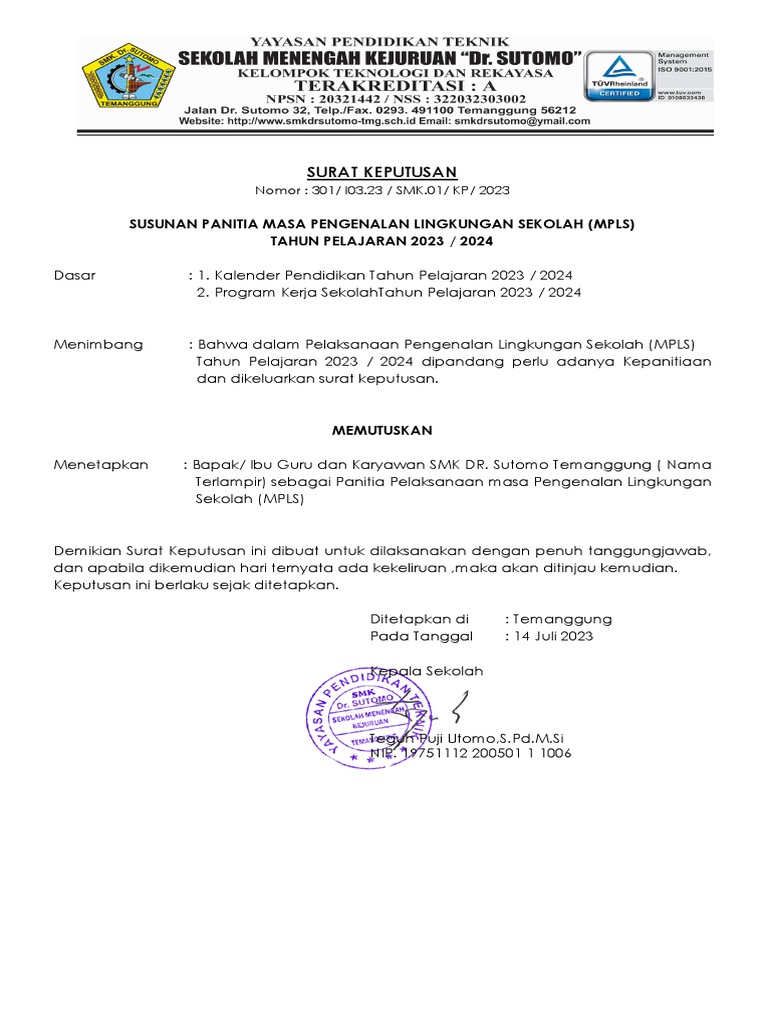 Surat Keputusan Panitia Mpls | PDF