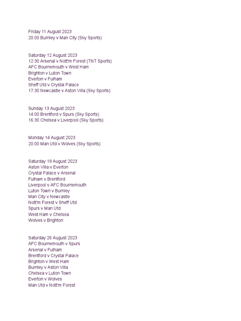 EPL Fixtures 2023/24 Schedule | PDF | Chelsea F.C. | West Ham United F.C.