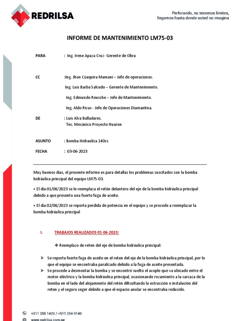 Informe Mantenimiento Rod Handler LM75-03 | PDF | Bienes manufacturados ...