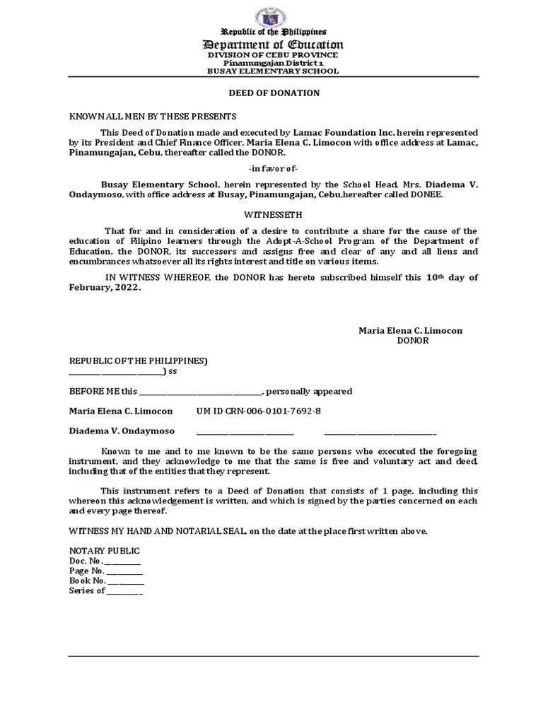 Deed of Donation and Acceptance | PDF | Common Law | Civil Law (Common Law)