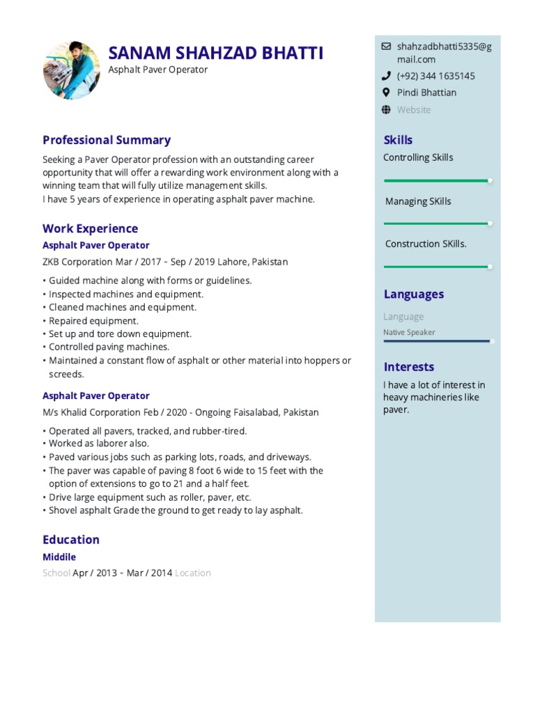 SANAM-SHAHZAD-BHATTI-Asphalt-Paver-Operator-resume-2023-02-12-140254 | PDF