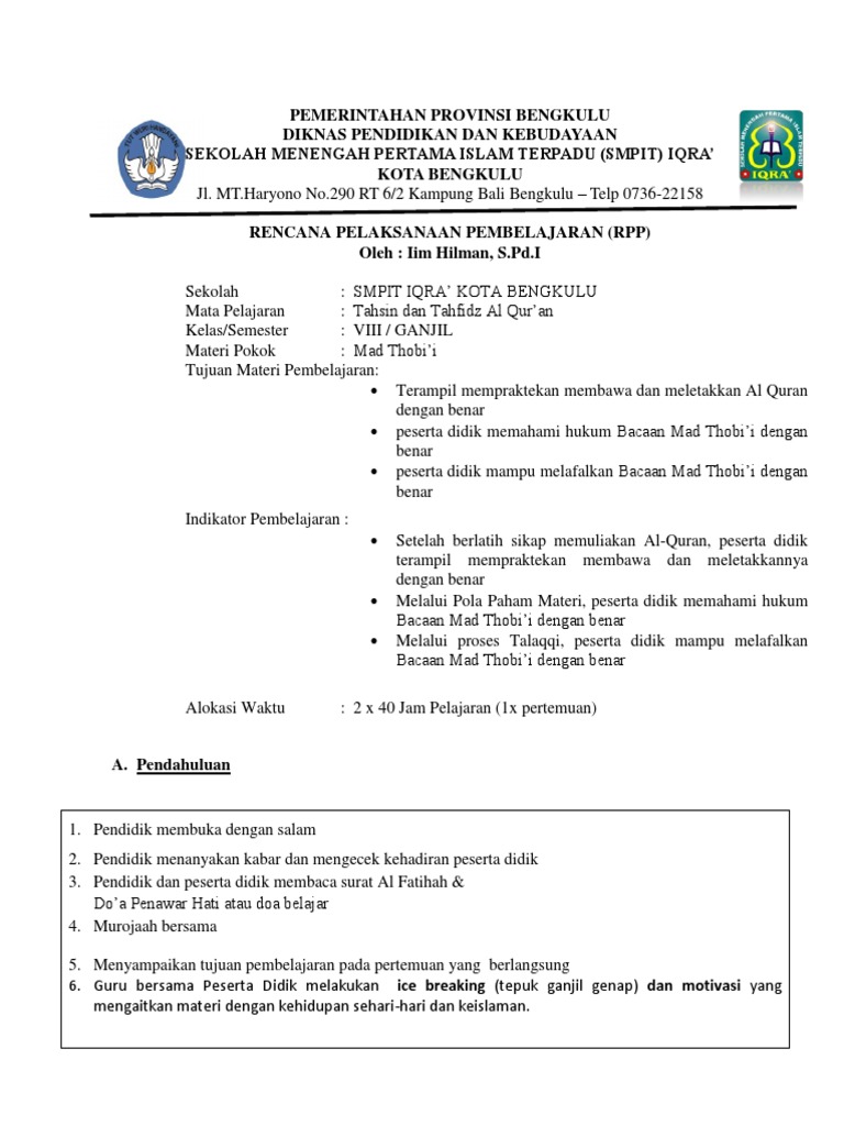 Contoh RPP Tahfidz | PDF | Karier & Perkembangan