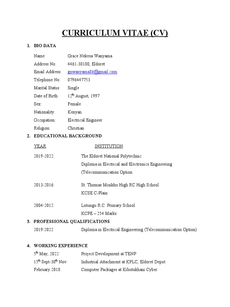 Electrical Engineer CV - Grace Wanyama | PDF