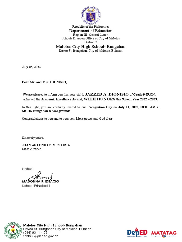 Letter For Honor Students - Recognition | PDF