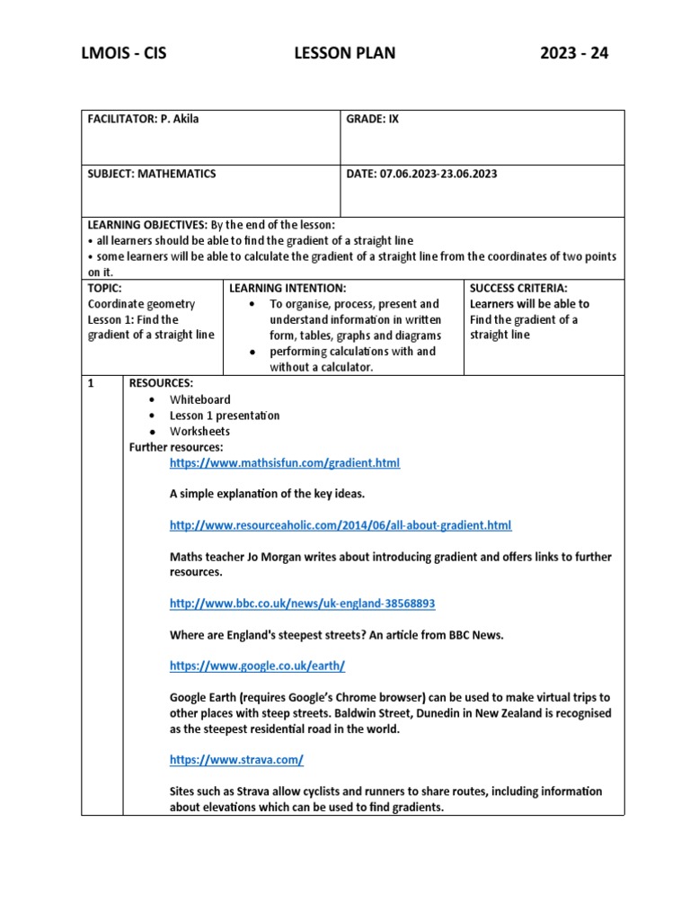 Lesson Plan Template | PDF | Line (Geometry) | Cartesian Coordinate System