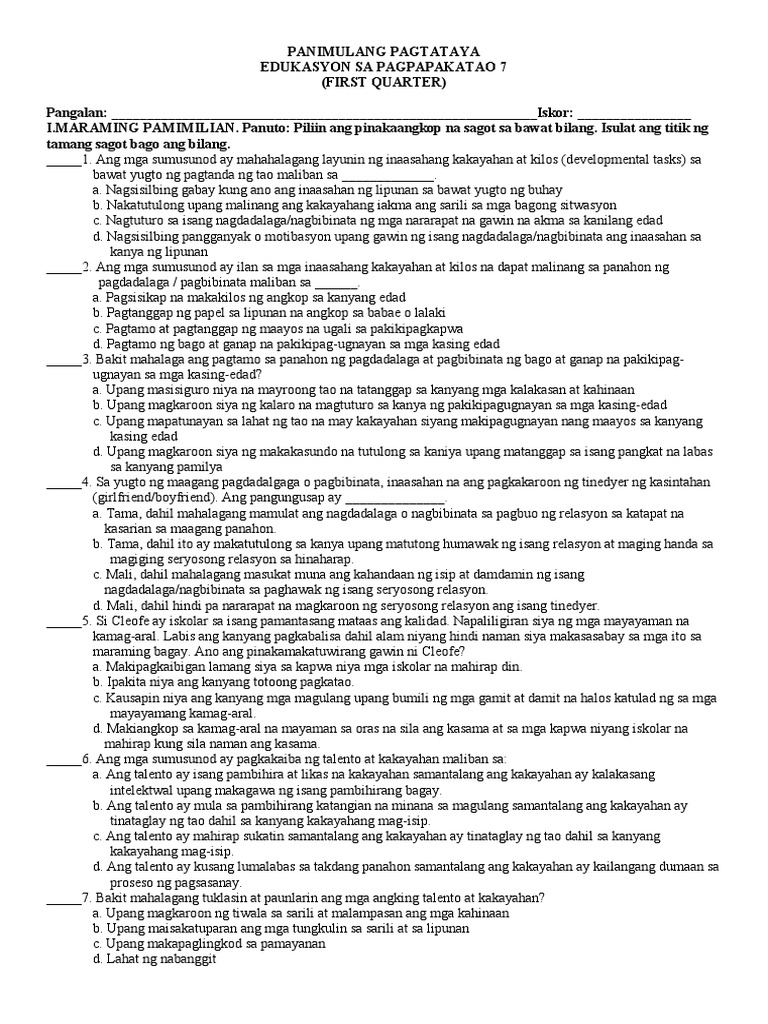Grade 7 - 0 EsP Panimulang Pagsusulit.1 | PDF