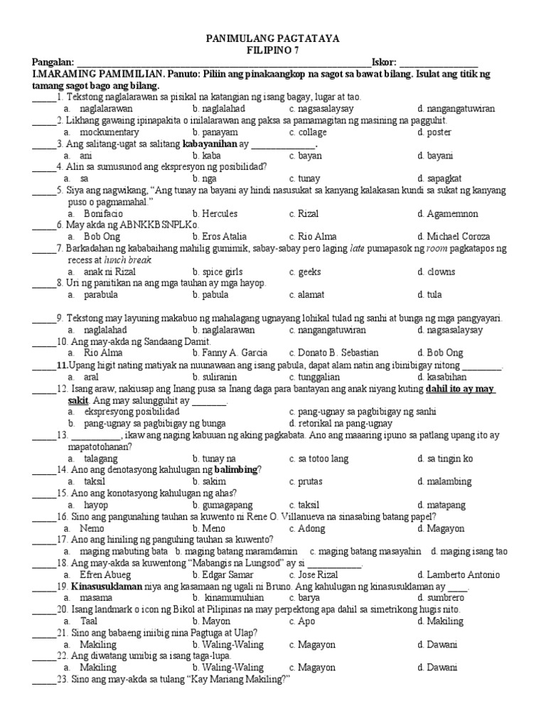 Grade 7 - 0 Filipino Panimulang Pagsusulit.0 | PDF