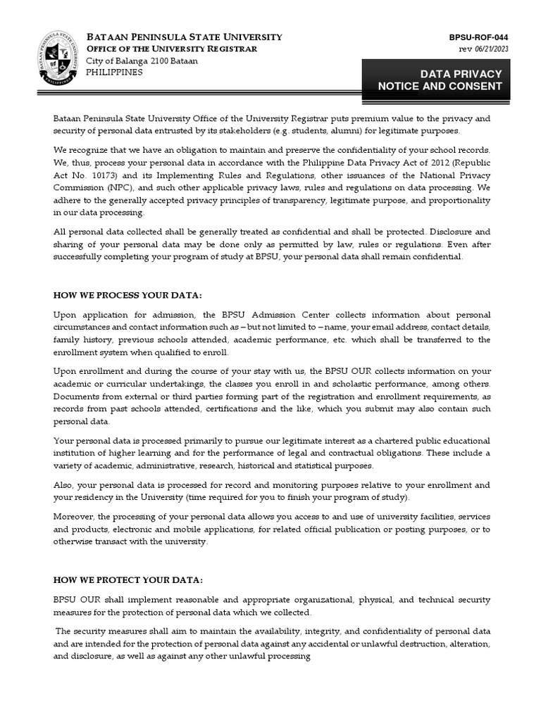 BPSU Data Privacy Notice and Consent | PDF | Information Security ...