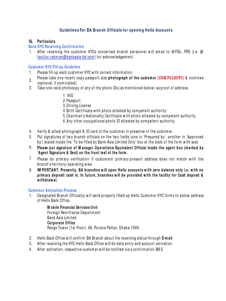 BA Branch Guidelines for Hello Accounts | PDF | Business | Finance ...