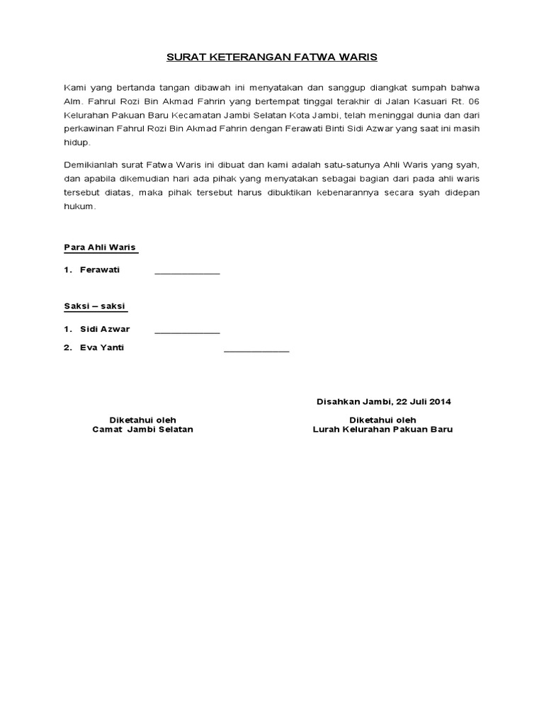 SURAT KETERANGAN FATWA WARIS Mbak Desi | PDF