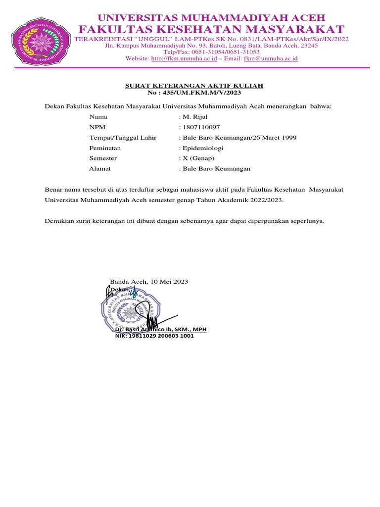 Surat Aktif KUliah - M. Rijal | PDF