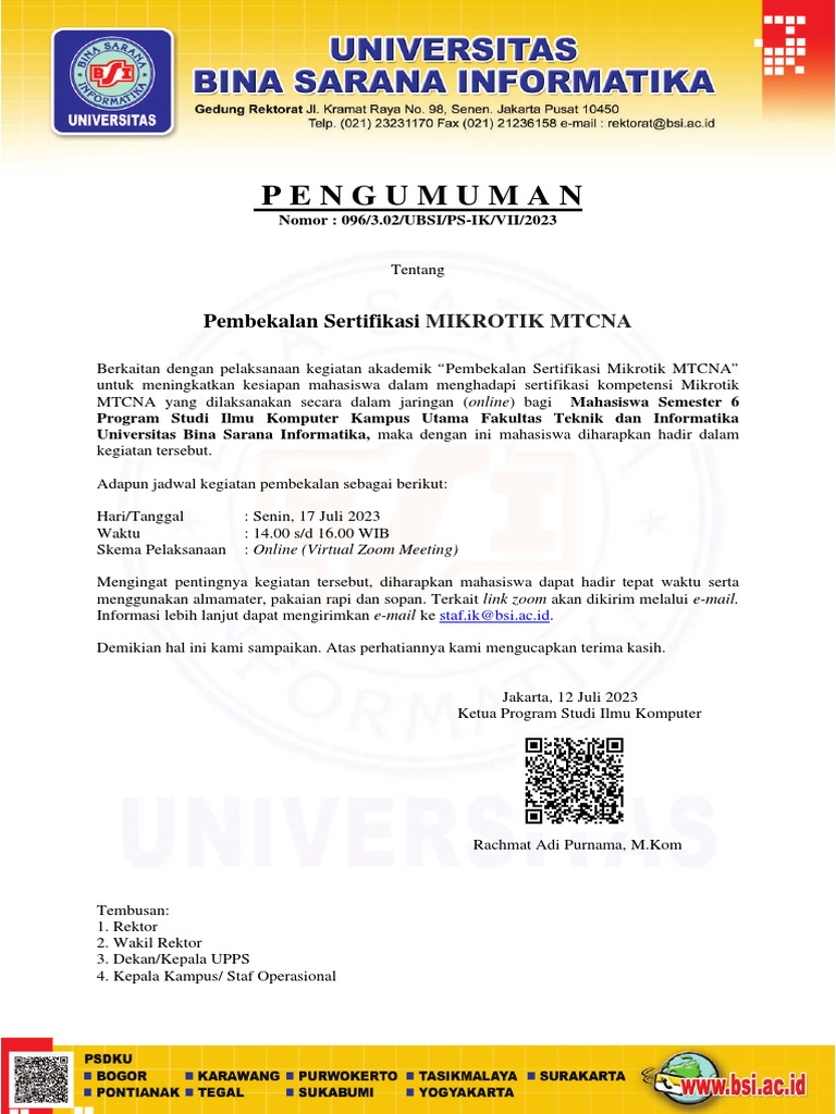 Pengumuman Pembekalan Sertifikasi Mikrotik MTCNA Prodi Ilmu Komputer (17 Juli 2023) | PDF