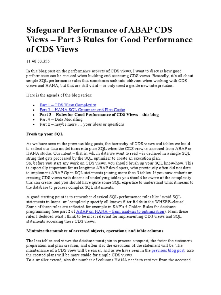 Optimizing Performance of ABAP CDS Views | PDF | Databases | Table ...