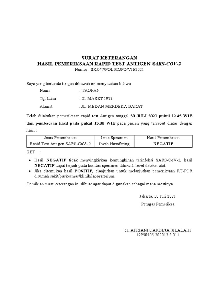 Surat Keterangan Antigen 047 | PDF