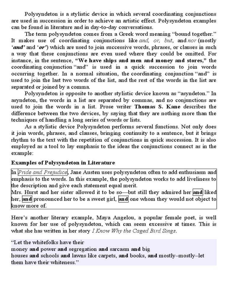 Polysyndeton Is A Stylistic Device in Which Several Coordinating ...