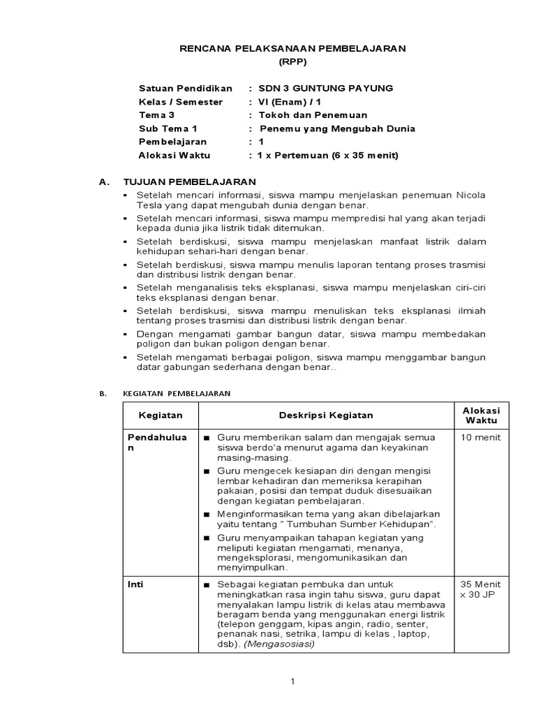 RPP Kelas VI Tema 3 Tokoh Dan Penemuan | PDF | Sains & Matematika