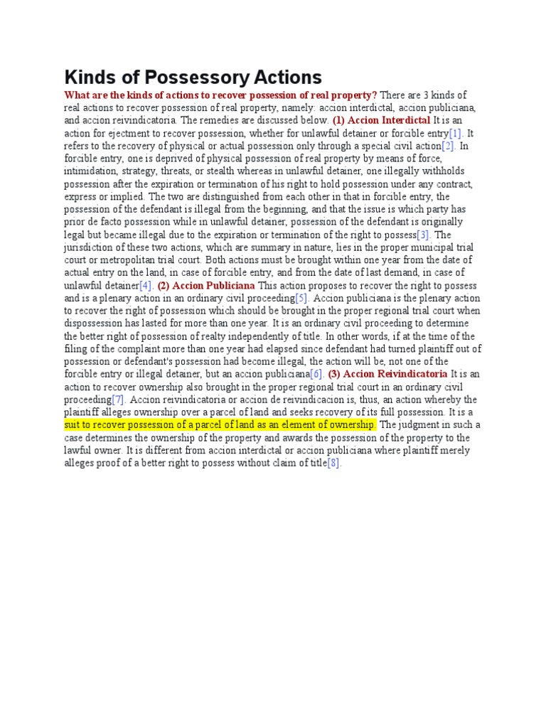 Types of Possessory Actions in the Philippines | PDF | Eviction | Lawsuit