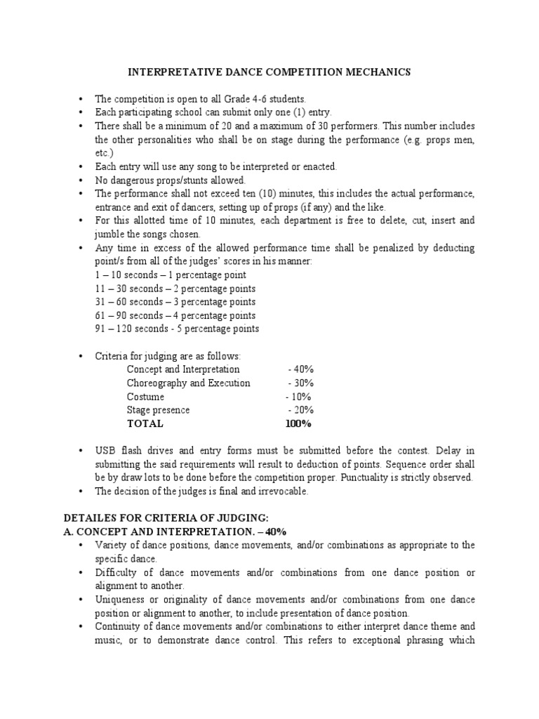 Interpretative Dance Competition Mechanics Final | PDF | Dances ...